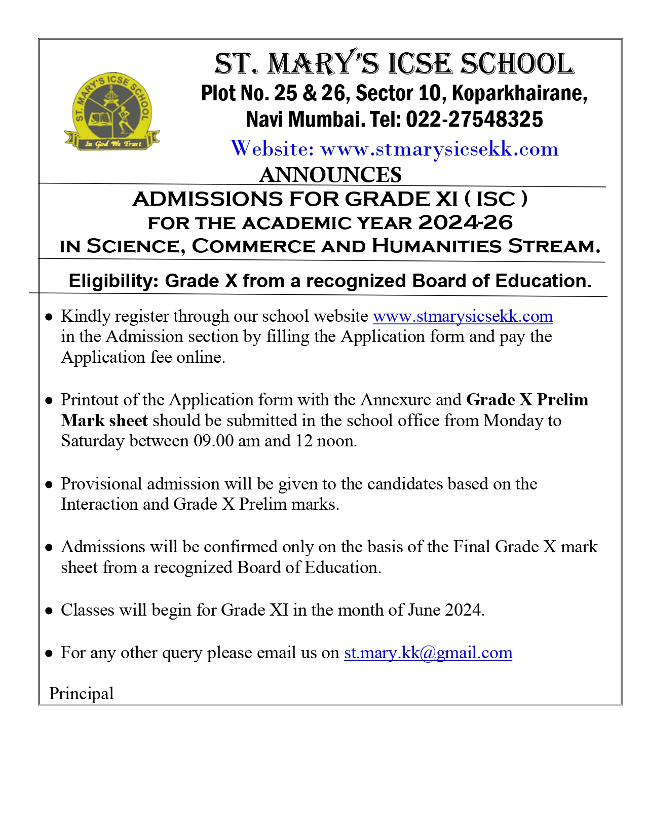 ISC Admission Notice - St.Mary's